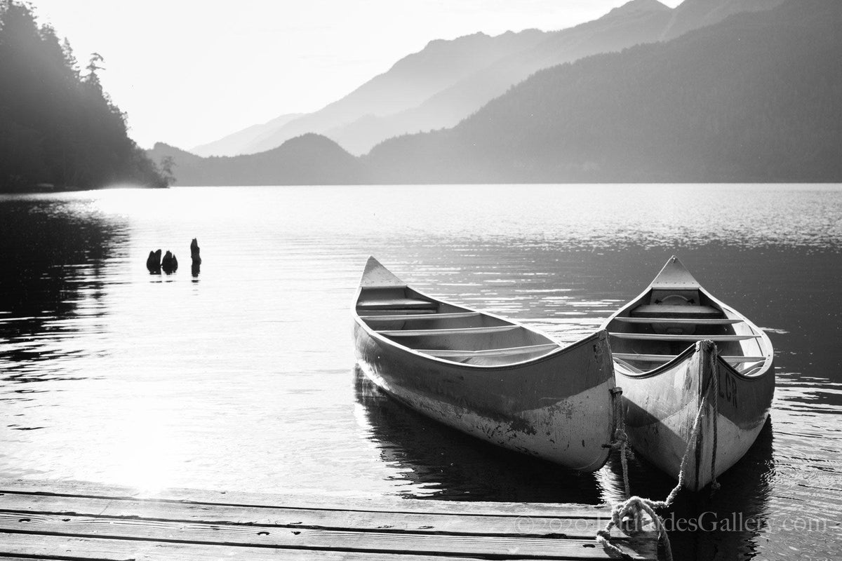 Pair of Canoes - Boats at Lakeside Dock Black & White Photo – Latitudes ...